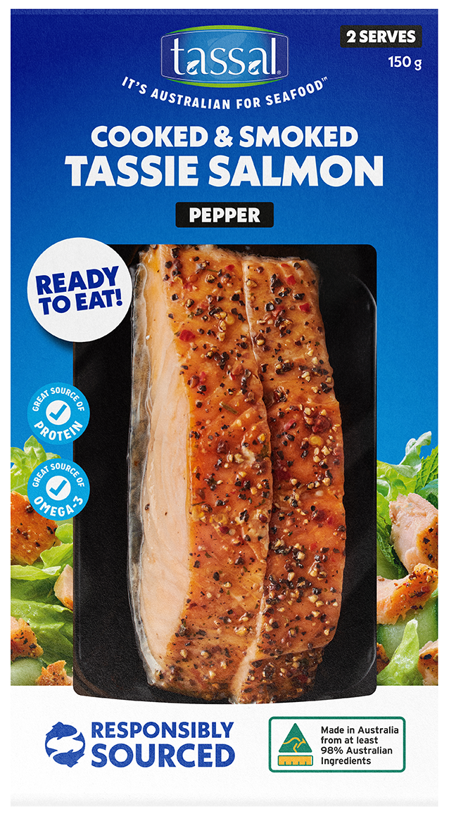 Tassal Cooked & Smoked Salmon 150g PEPPER FOP LRes - Tassal Aussie Seafood