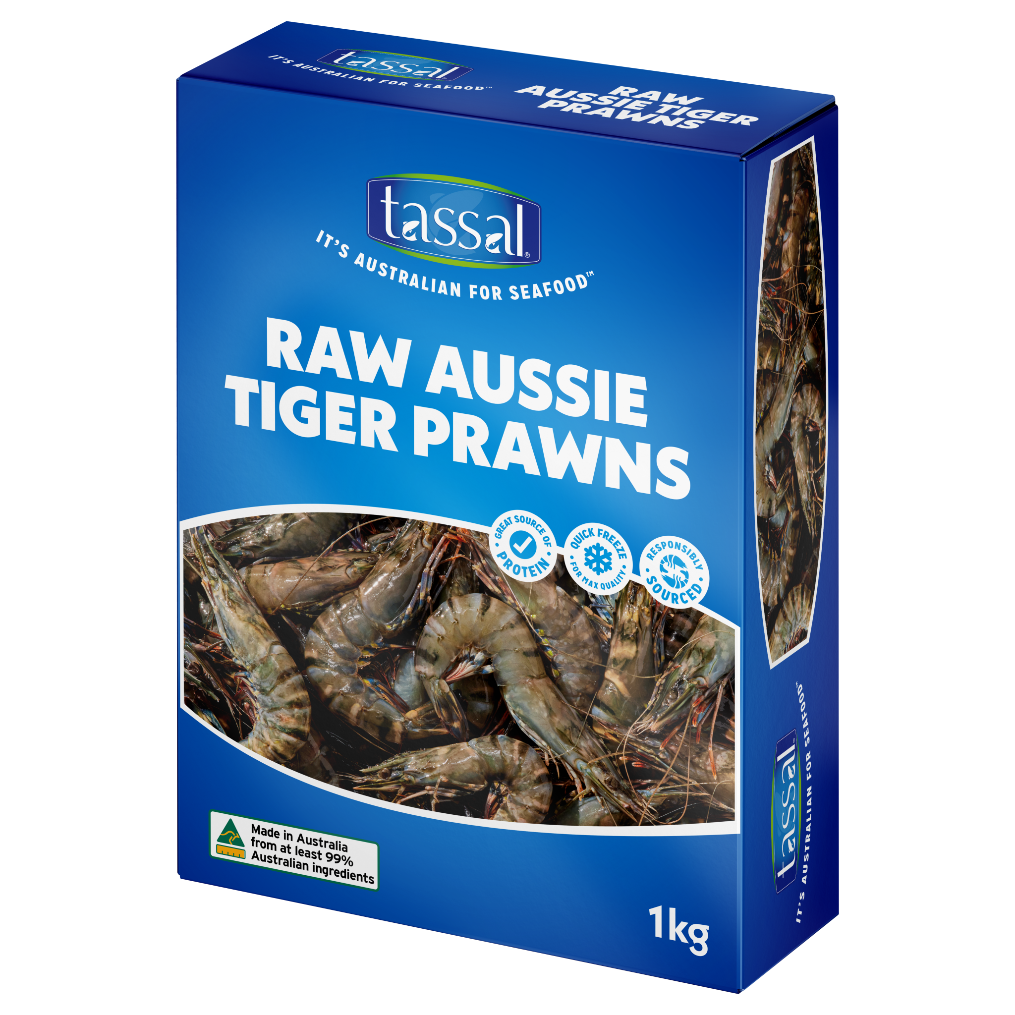 Raw Aussie Tiger Prawns 1kg HR 3D - Tassal Aussie Seafood
