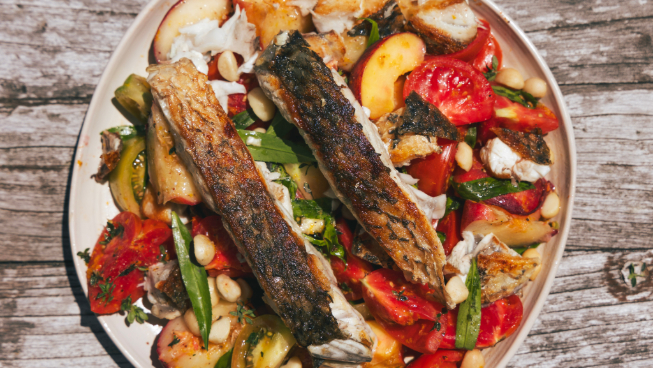 Zesty Stone Fruit, Tomato & Crispy Skin Tassal Barramundi Salad by Guy ...